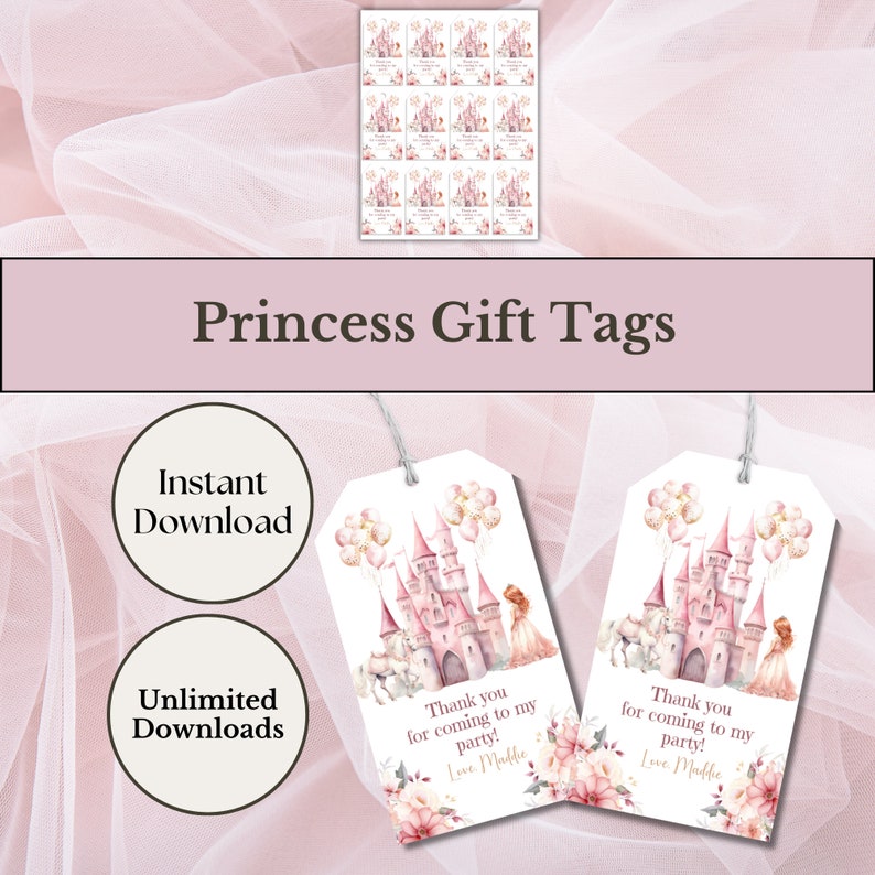 Editable Princess Thank You Tags, Gift Tags, Girl Birthday Party, Favor ...