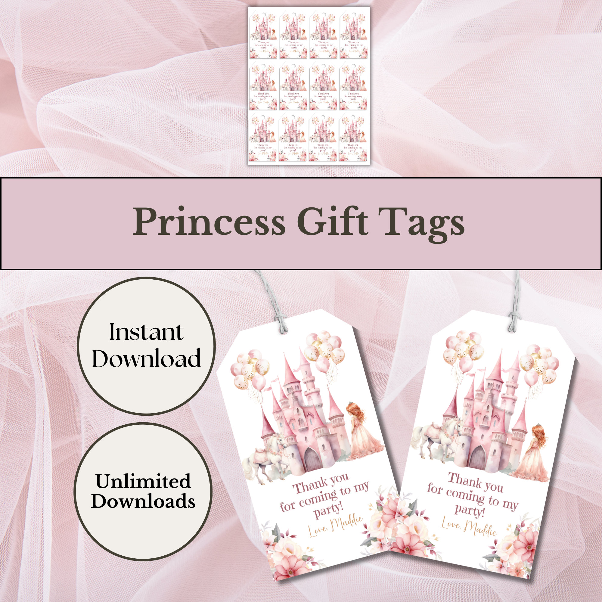 Editable Princess Thank You Tags, Gift Tags, Girl Birthday Party, Favor ...