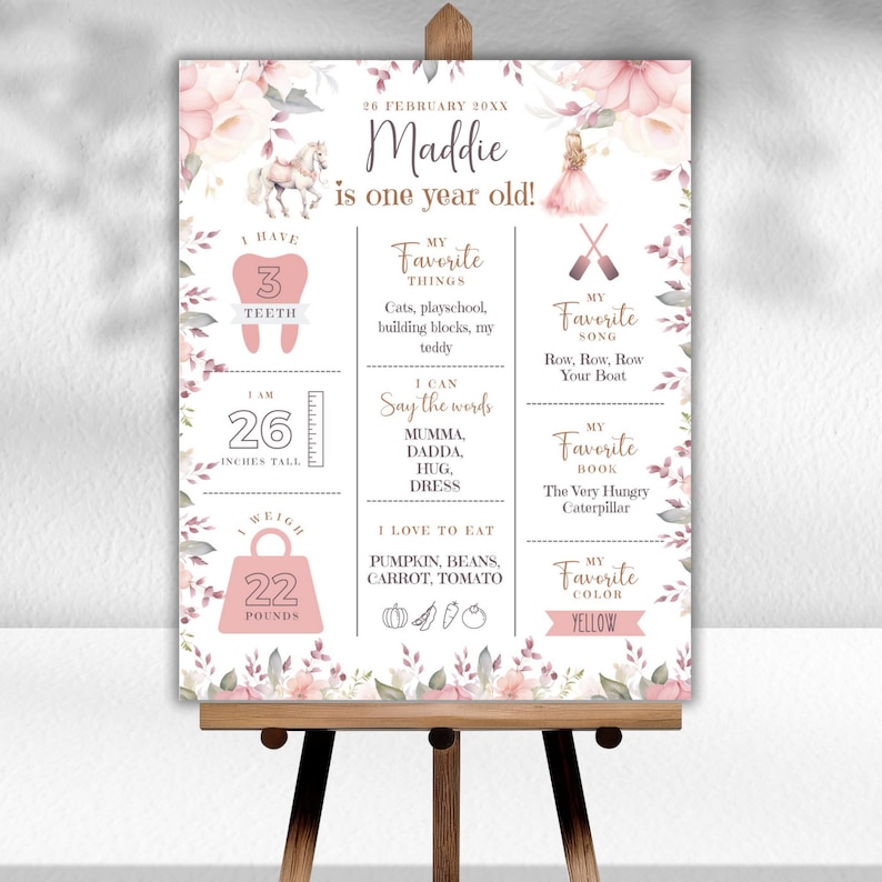 Princess 1st Birthday Milestone Poster, Baby First Year Birthday Sign ...