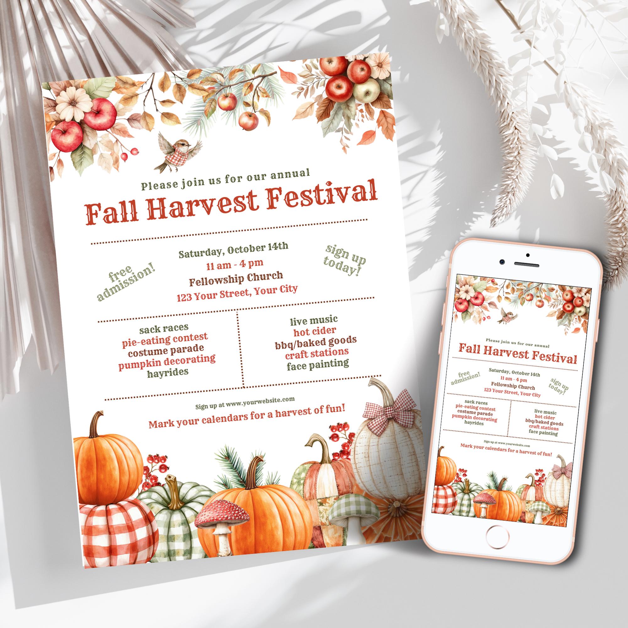Fall Festival Invitation, Editable Harvest Party Invite, Autumn School ...
