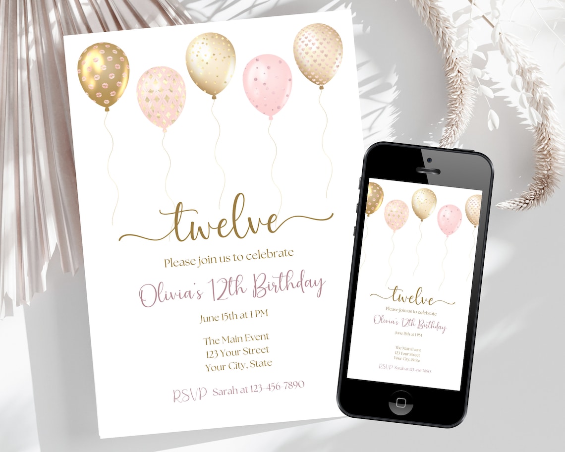 Editable 12th Birthday Invitation, Minimalist Twelve Party Celebration ...