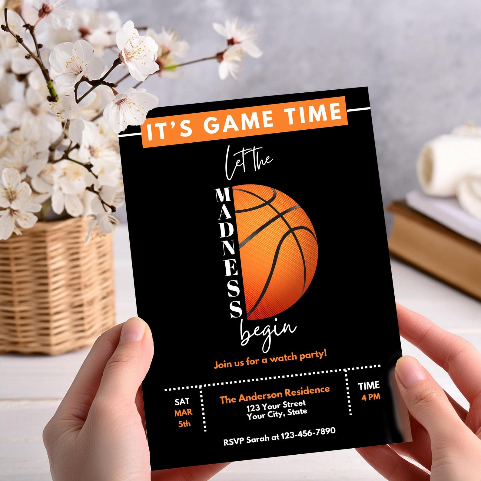 Let the Madness Begin Basketball Watch Party Invitation, Customizable ...