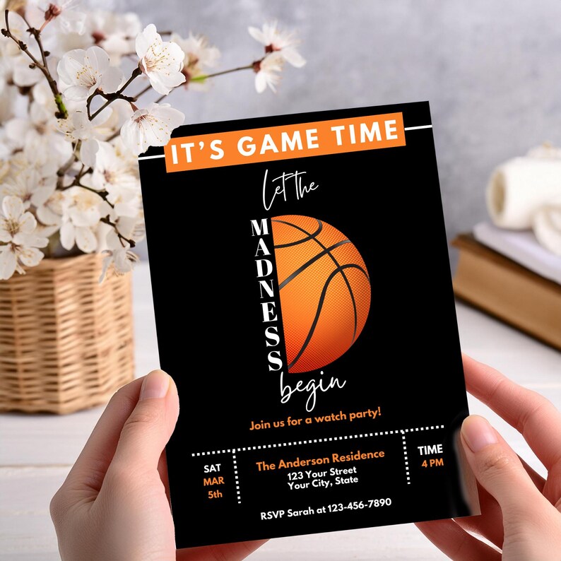 Let the Madness Begin Basketball Watch Party Invitation, Customizable ...