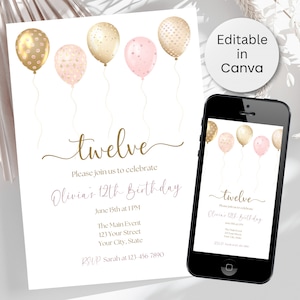 Editable 12th Birthday Invitation, Minimalist Twelve Party Celebration ...