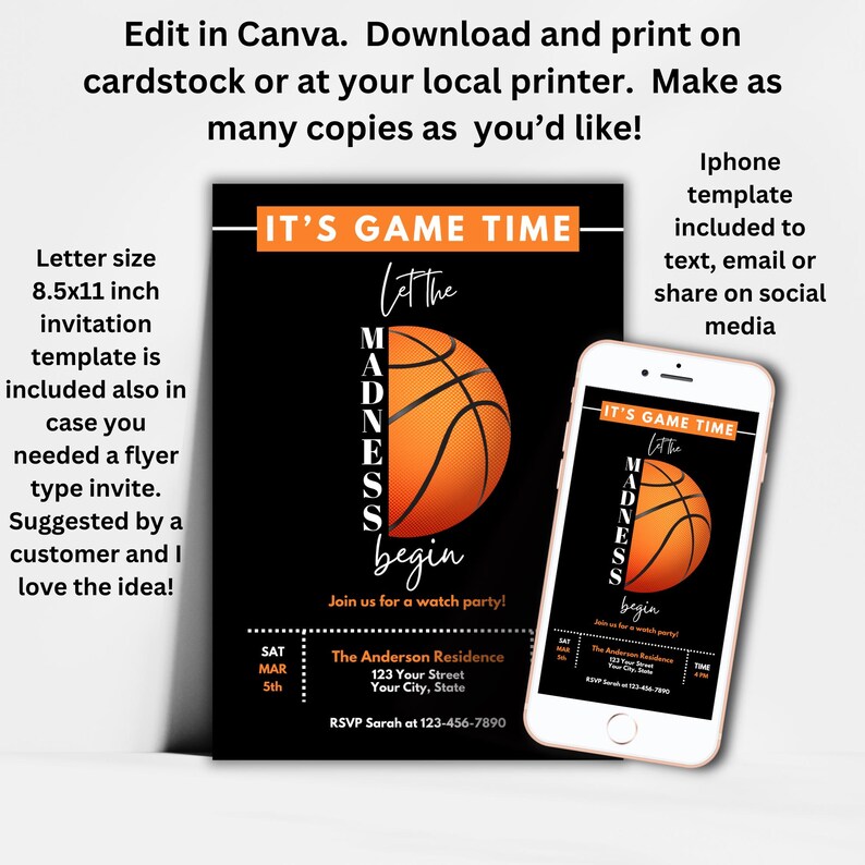 Let the Madness Begin Basketball Watch Party Invitation, Customizable ...