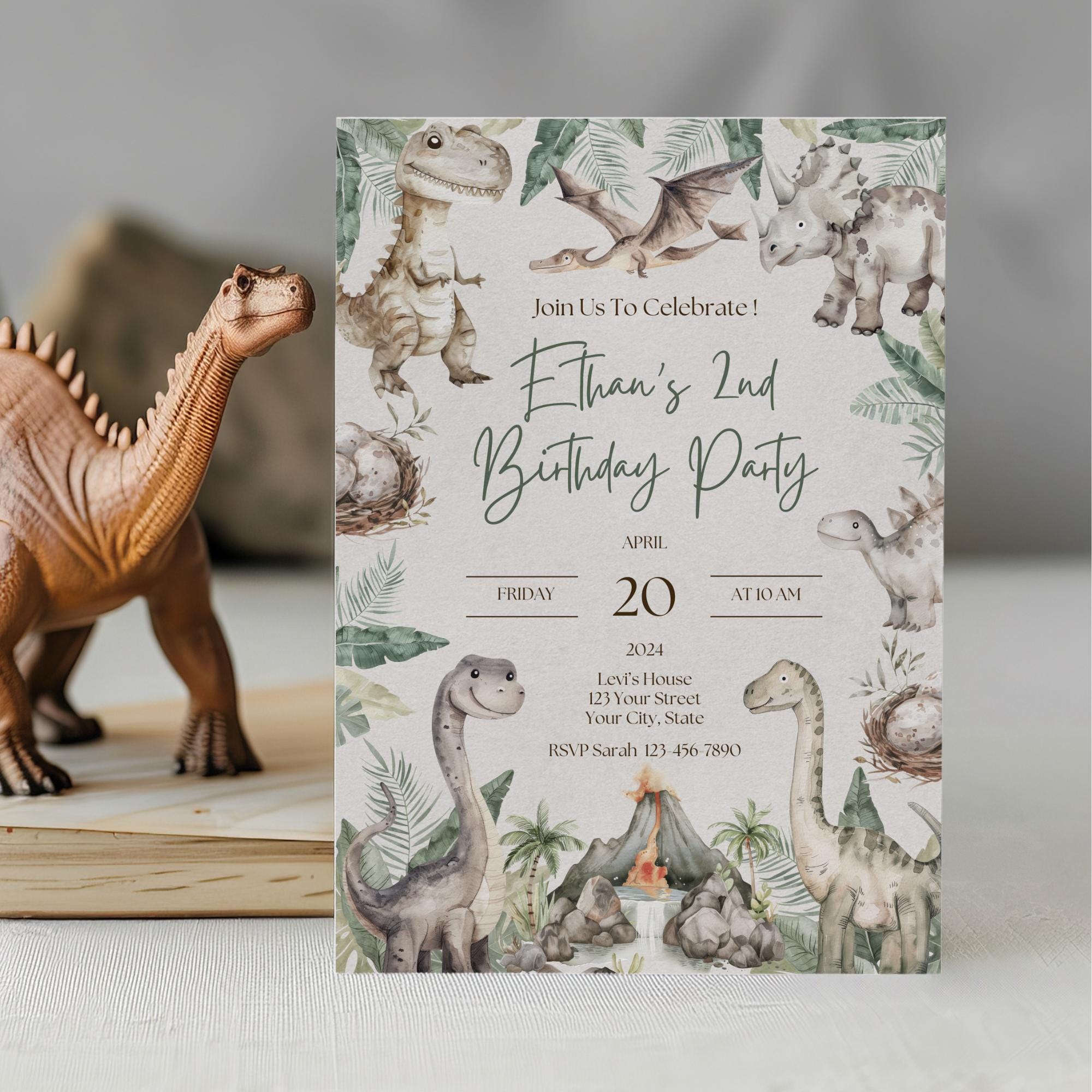 Dinosaur 2nd Birthday Invitation, Editable T-rex Printable Template ...
