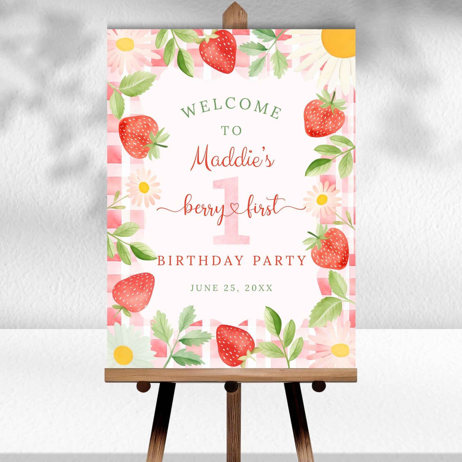 Berry First Birthday Welcome Sign, Printable Strawberry Birthday Party ...