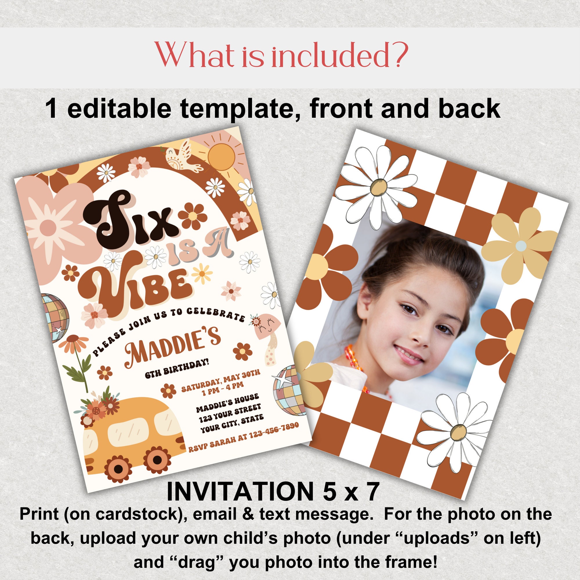 Editable Six is a Vibe Birthday Invitation, Groovy Girl 6th Birthday ...