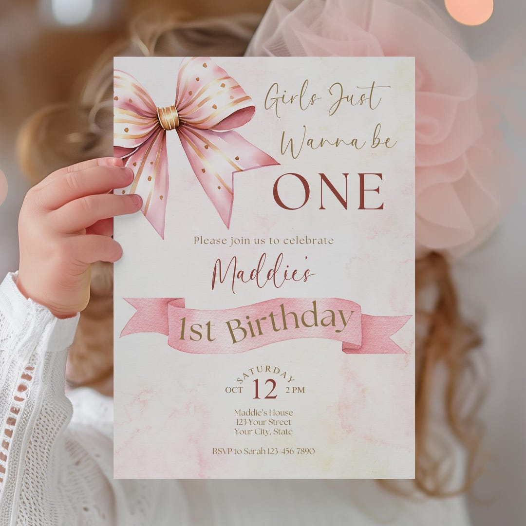Girls Just Wanna Be One 1st Birthday Invite - Editable Pink Bow ...