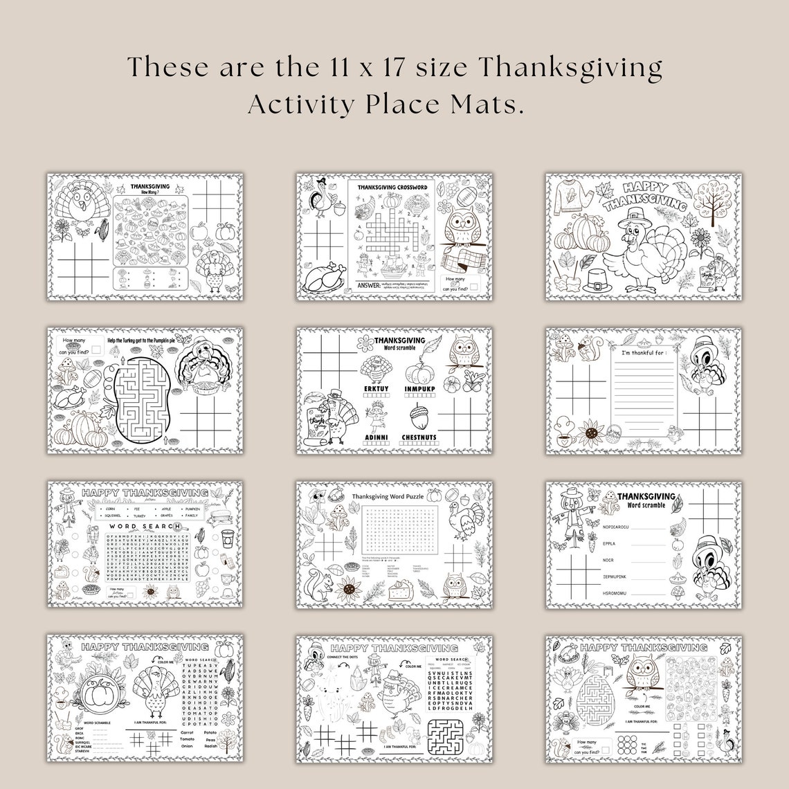 Thanksgiving Activity Placemats for Kids, Activity Mat, Table Decor for ...