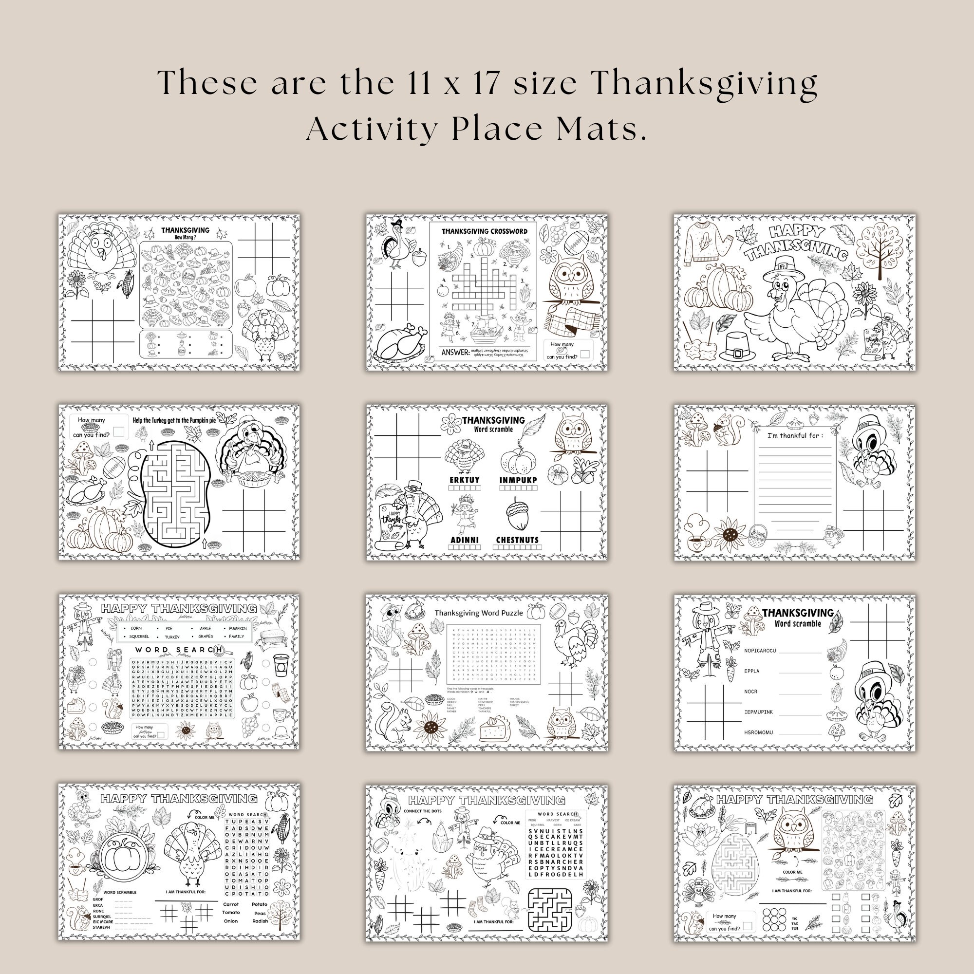 Thanksgiving Activity Placemats for Kids, Activity Mat, Table Decor for ...
