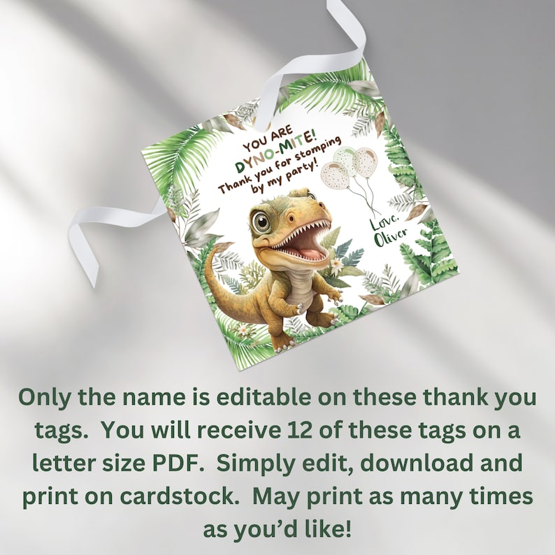 Editable Dinosaur Birthday Party Thank You Tag | T Rex Dinosaur Party ...