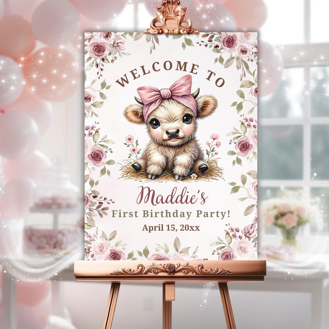 Highland Cow 1st Birthday Welcome Sign, Customizable Decor for Party ...