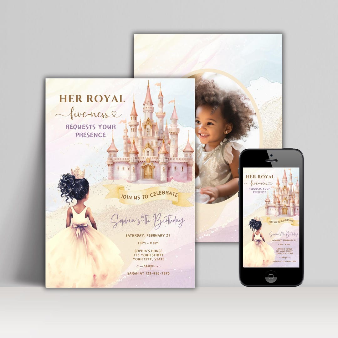 Royal Fiveness Invitation, Editable Princess 5th Birthday Invite ...