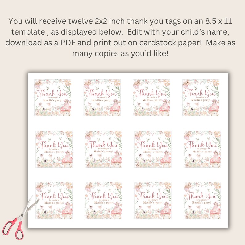 Fairy Thank You Tags, DIY Printable Editable Party Favor Tag, Instant ...