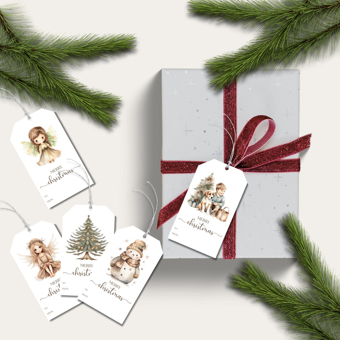 Printable Boho Christmas Gift Tags, Watercolor Merry Christmas Holiday ...