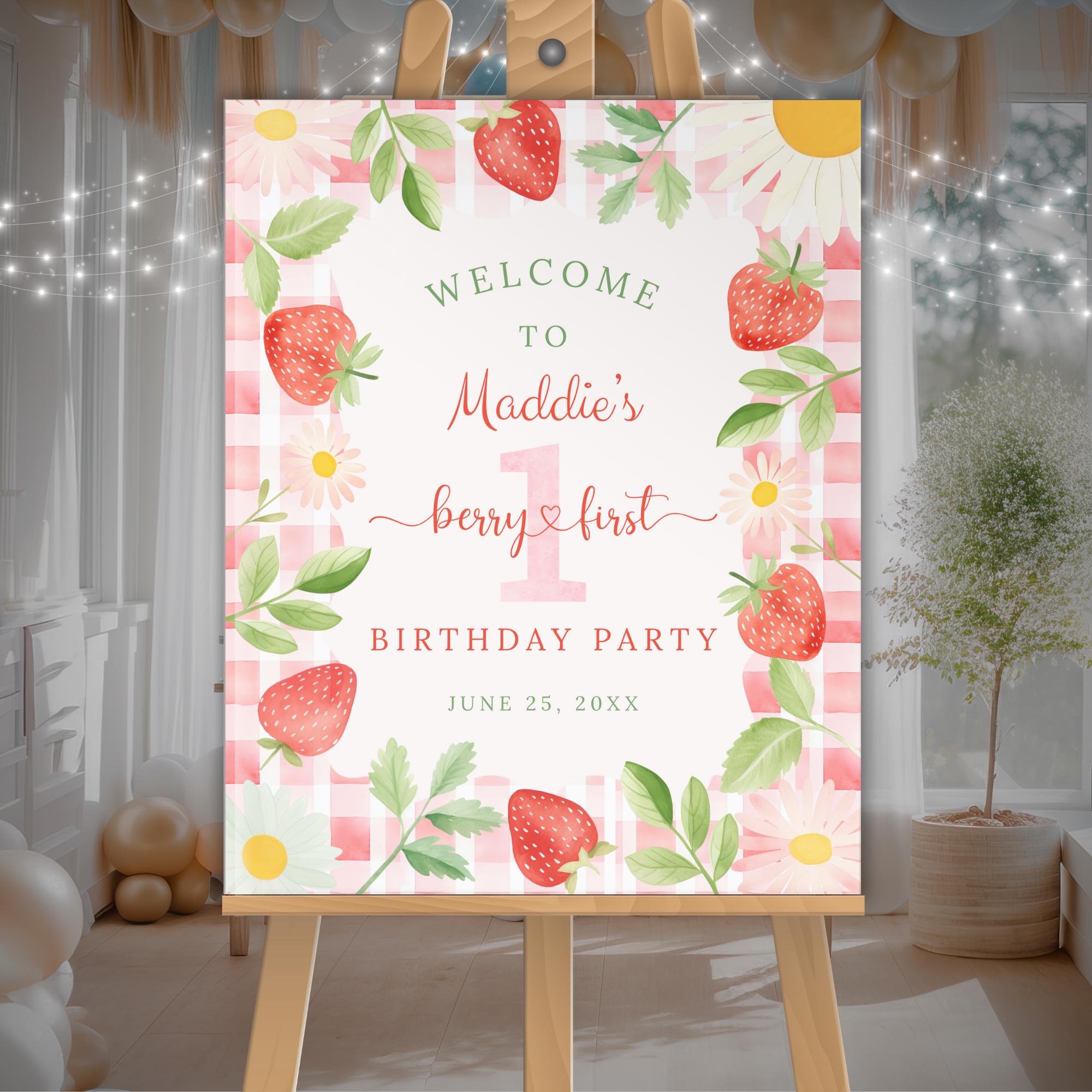 Berry First Birthday Welcome Sign, Printable Strawberry Birthday Party ...