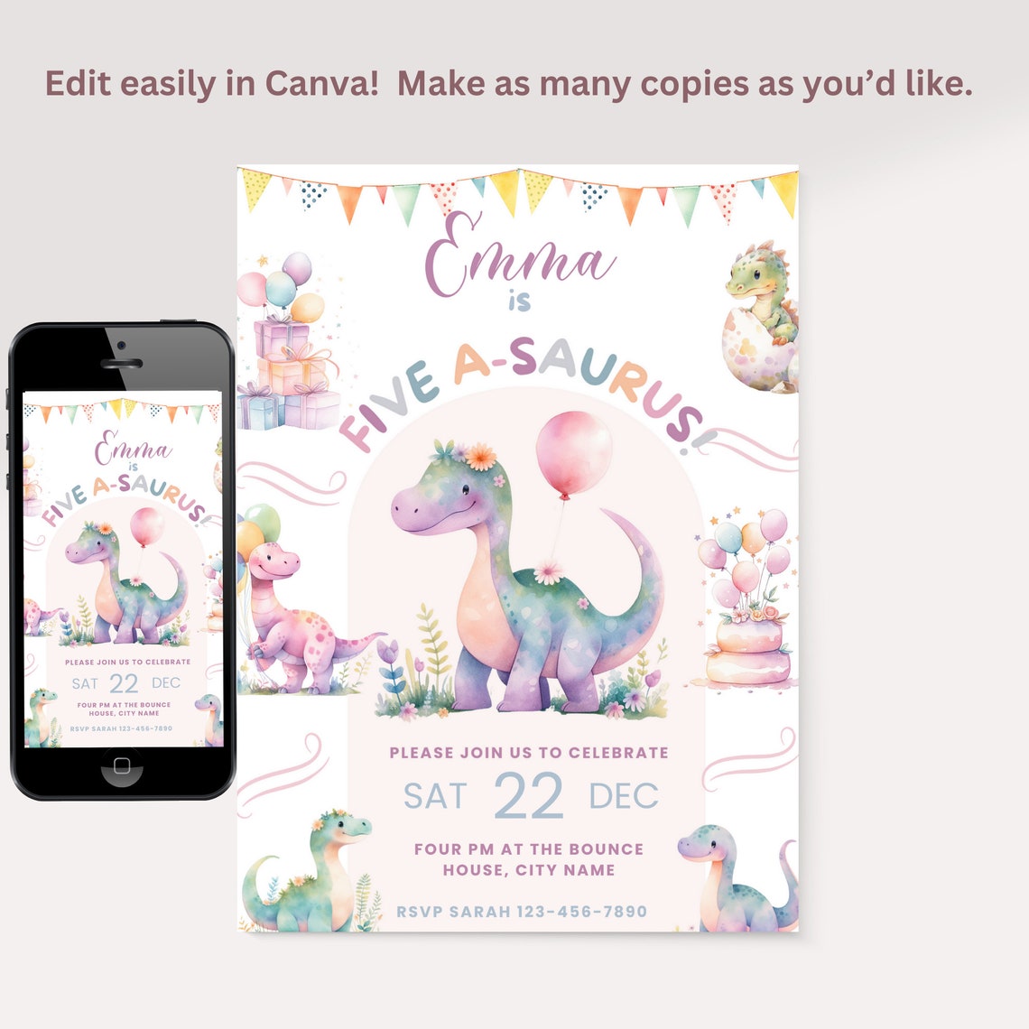 Cute Dinosaur Girls 5th Birthday Invitation, Five A Saurus, Pink Purple ...