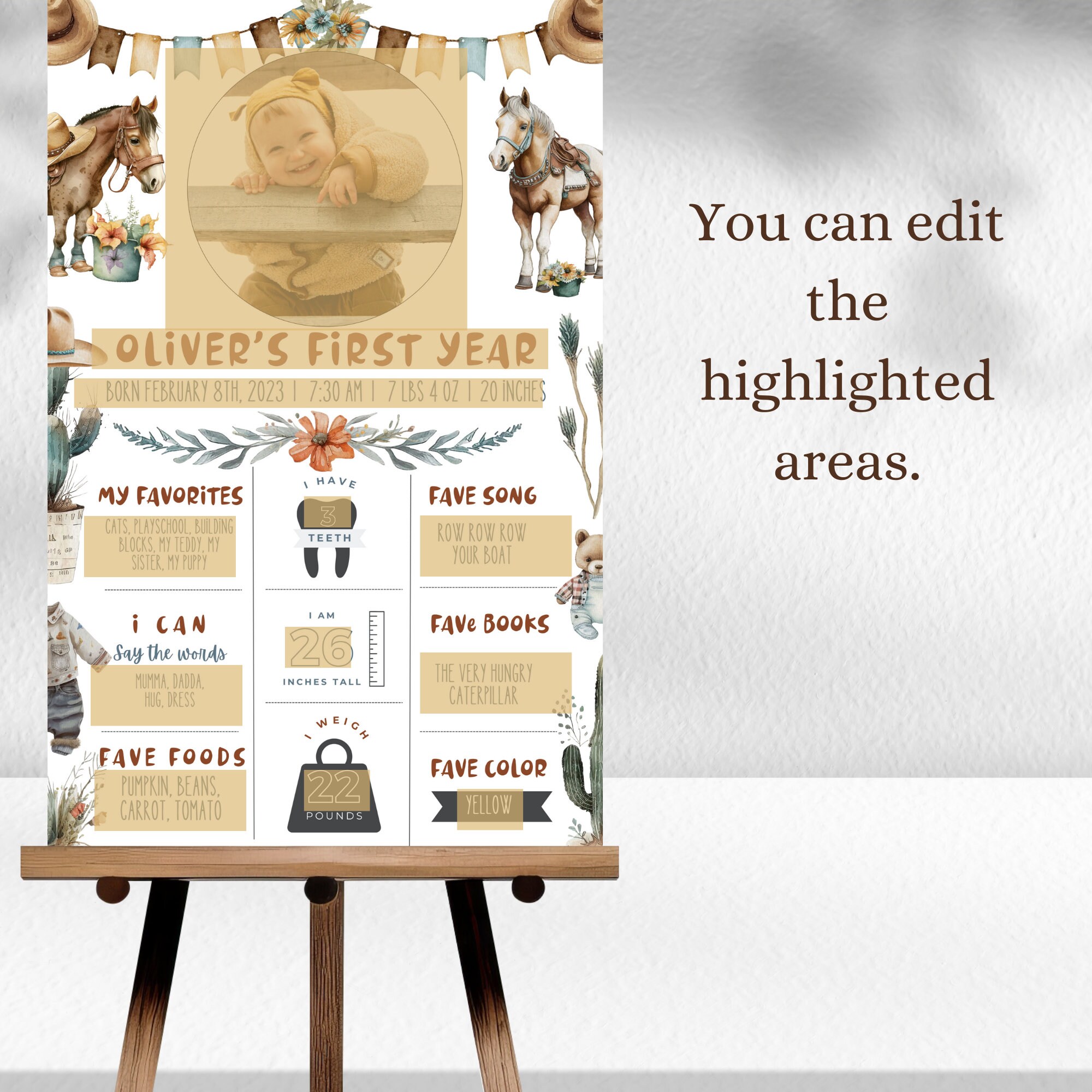 Editable First Rodeo Milestone Sign | Cowboy Birthday Baby's First Year ...