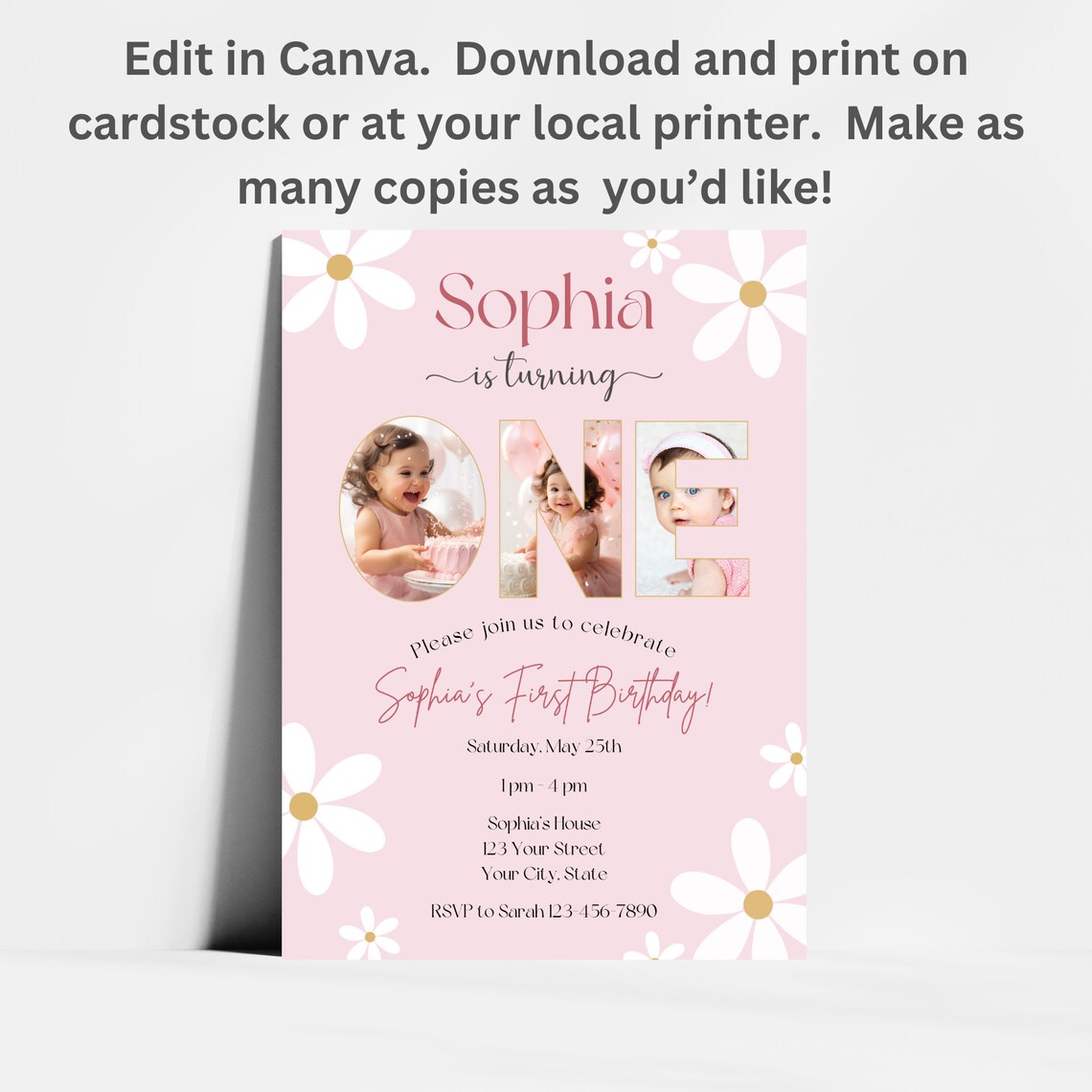 Pink Daisy 1st Birthday Invitation, Editable Minimalist First Birthday ...