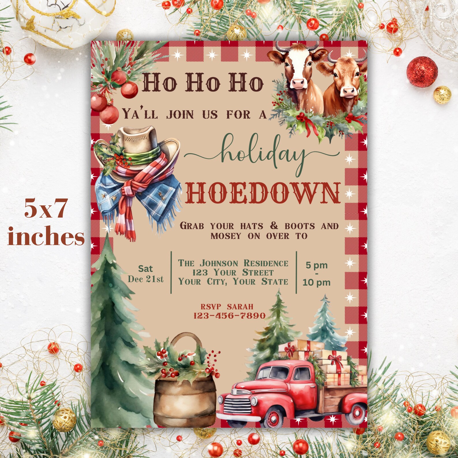 Hoedown Christmas Invitation, Canva Editable Template, Printable Cowboy ...