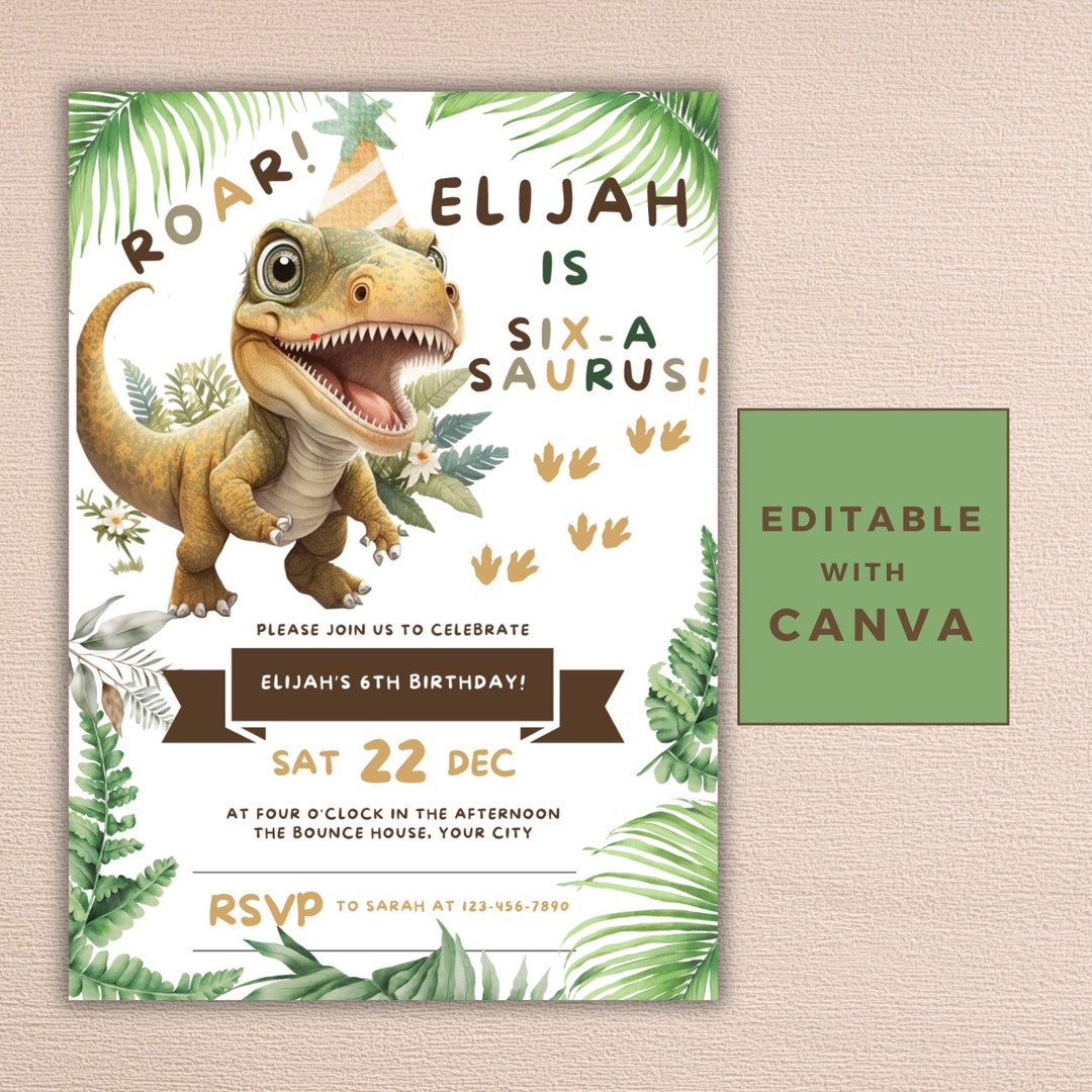 Editable Canva Dinosaur Birthday Invitation With Photo Template T Rex ...