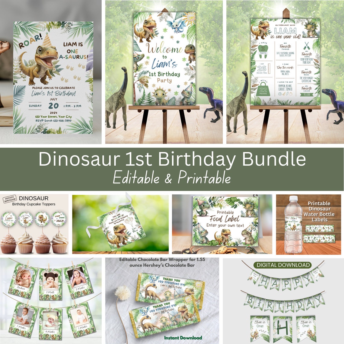 Dinosaur 1st Birthday Bundle, Editable Printable Dino First Birthday ...