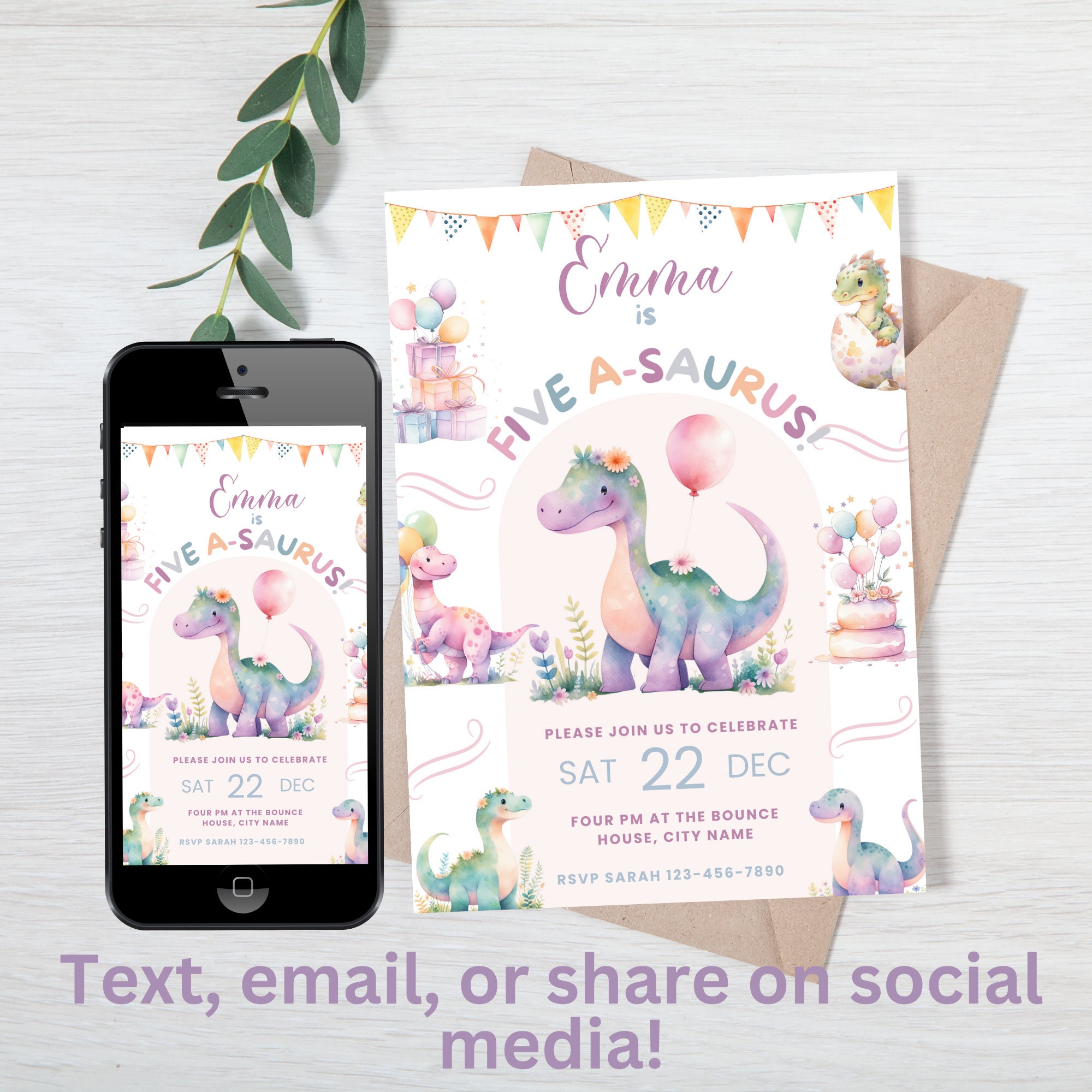 Cute Dinosaur Girls 5th Birthday Invitation, Five A Saurus, Pink Purple ...