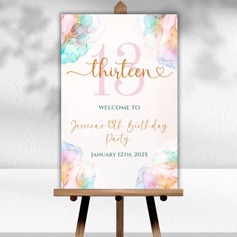 13th Birthday Welcome Sign, Modern Design, Chic Elegant Gold Glitter ...