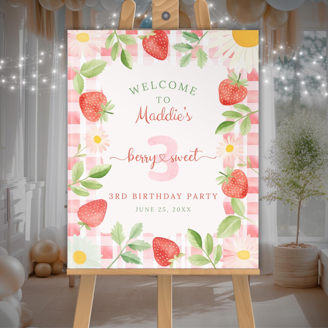 Berry Sweet 3rd Birthday Welcome Sign, Editable Strawberry Third ...