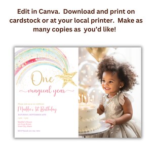 Editable One Magical Year Girl 1st Birthday Invitation, Rainbow Star ...