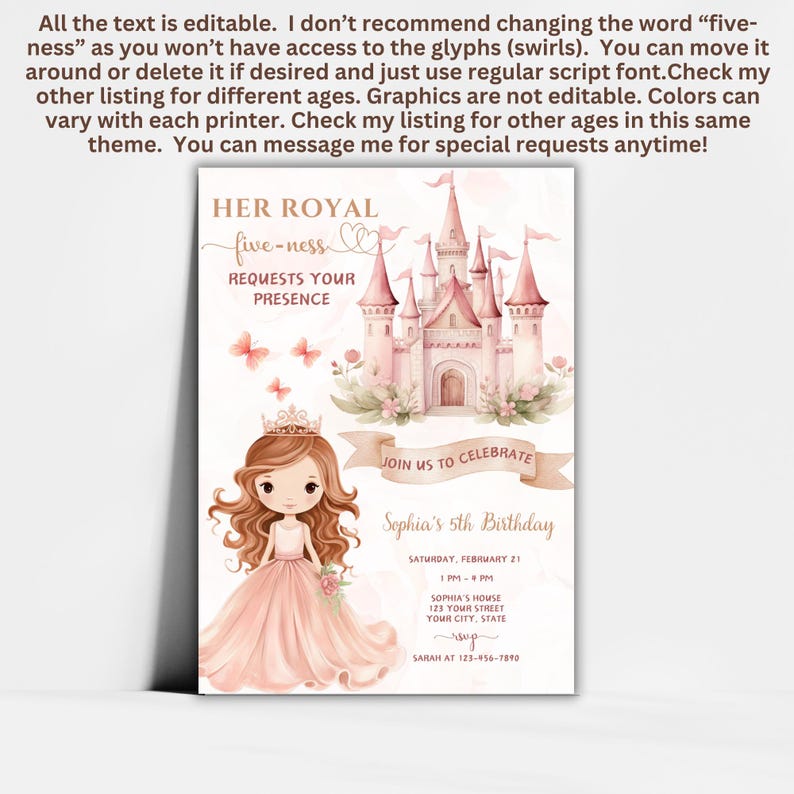 Her Royal Fiveness Editable 5th Birthday Invitation, Princess Party ...