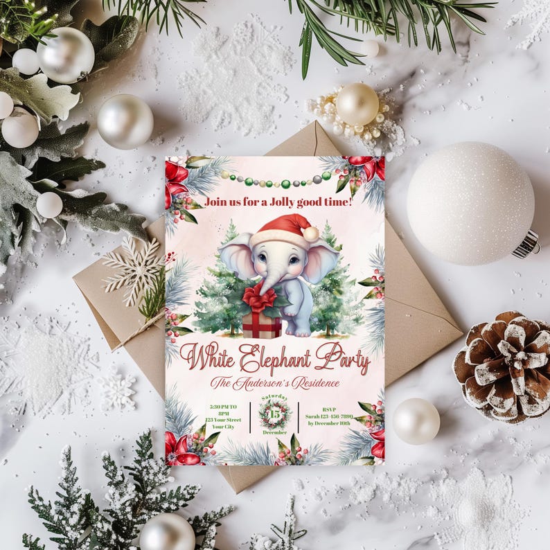 White Elephant Christmas Party Invitation, Editable Canva Invite ...