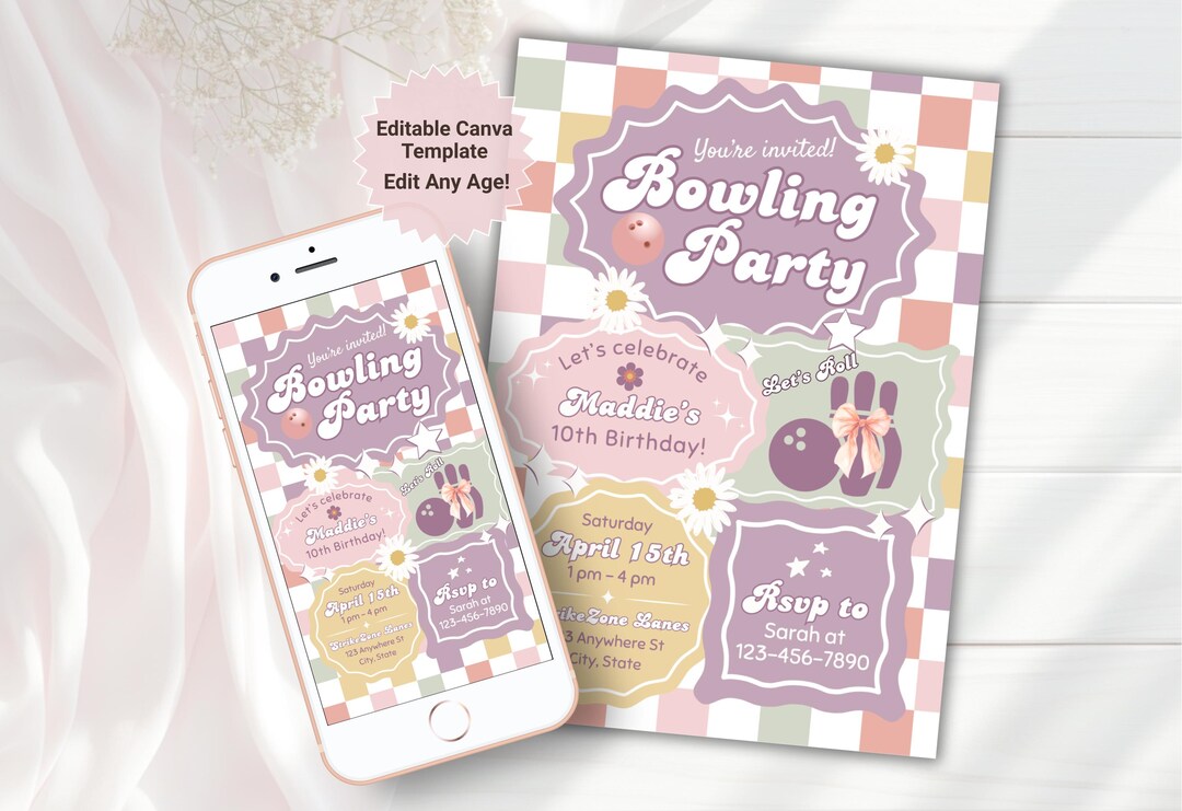 Bowling Birthday Party Invitation, Editable Girls Retro Bowling Party ...