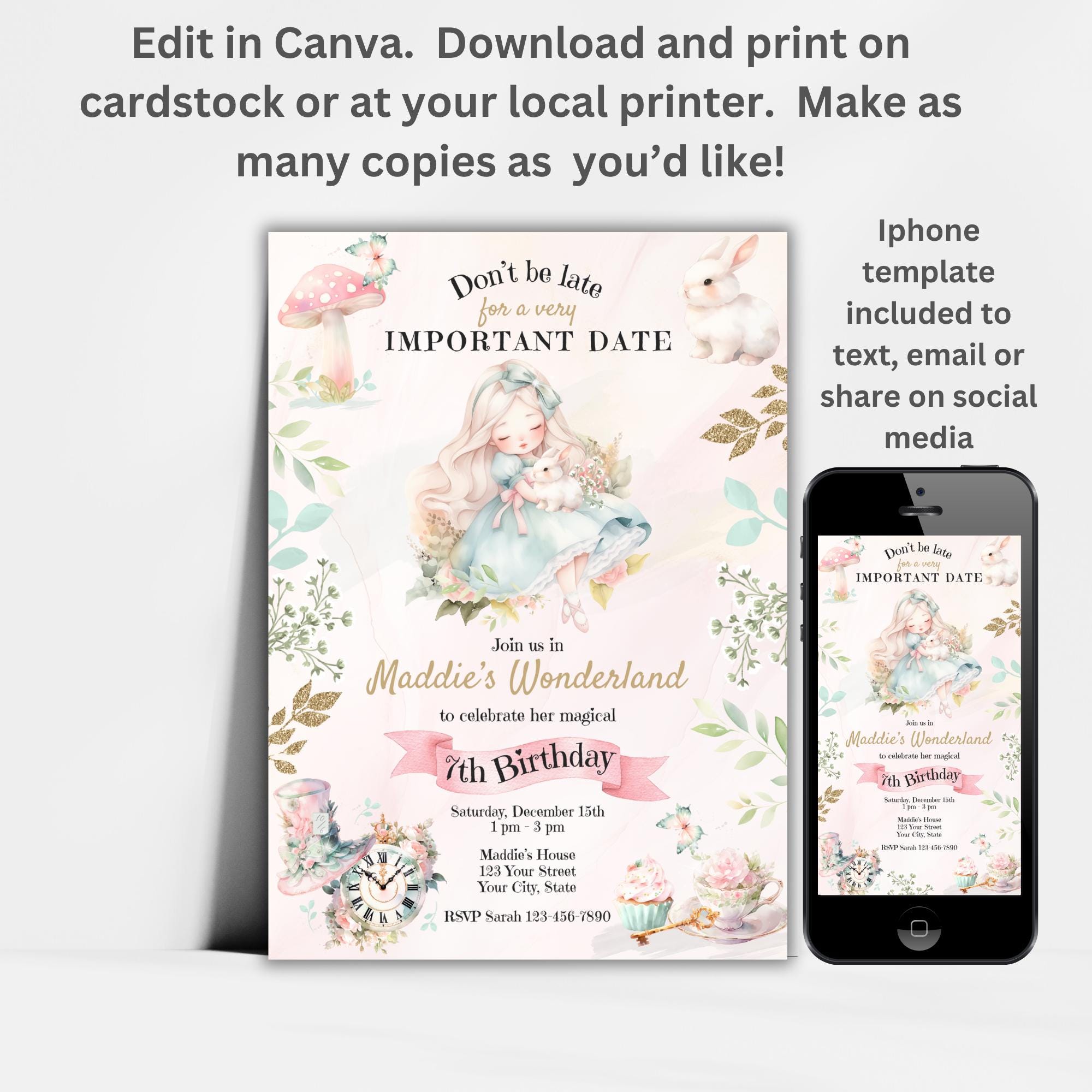 Editable Wonderland 7th Birthday Invitation, Printable Whimsical Mad ...