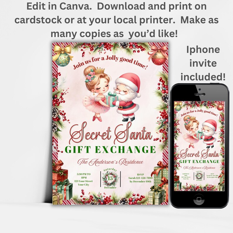 Secret Santa Christmas Party Invitation, Editable, Printable Fun Gift ...