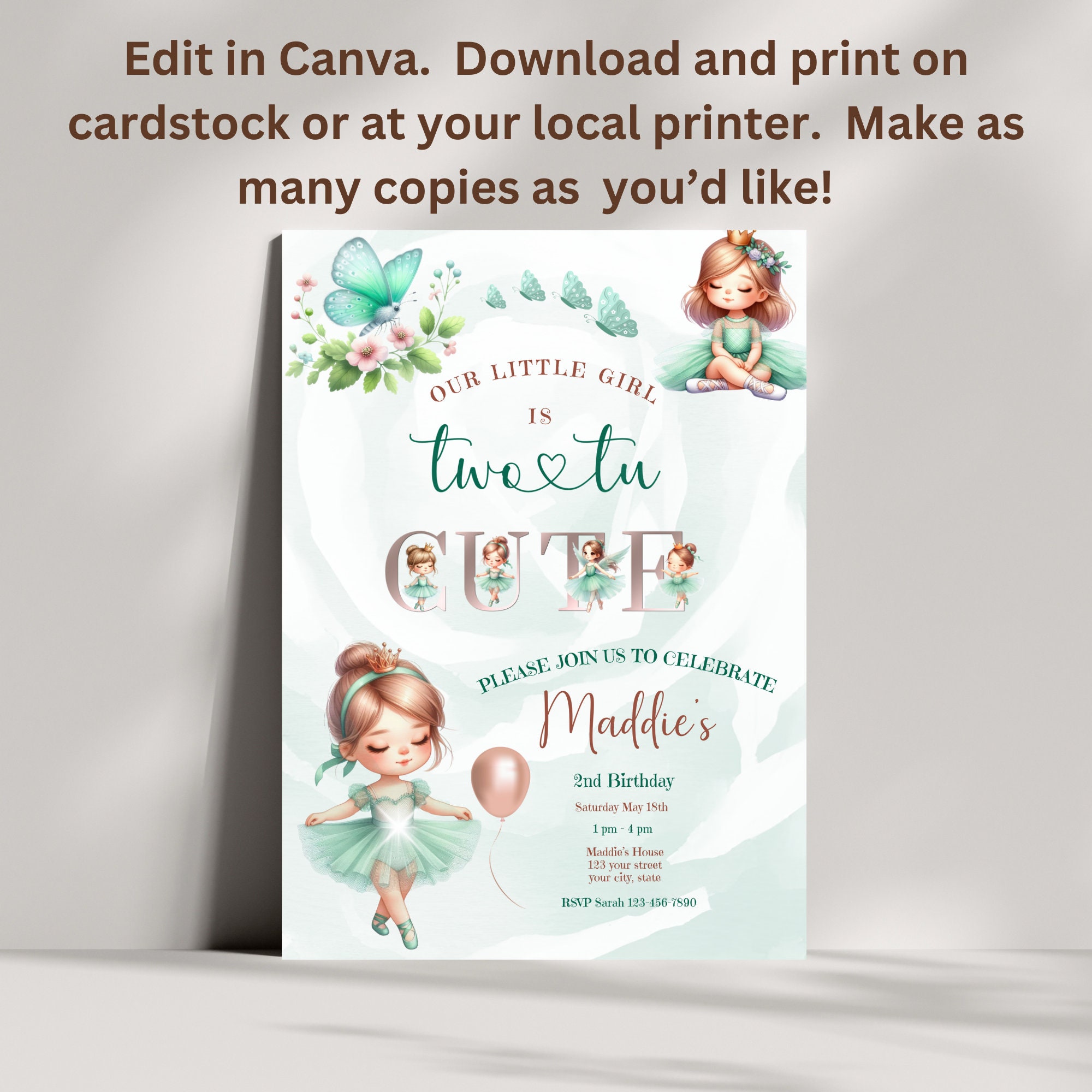 Two Tu Cute Ballerina 2nd Birthday Invitation, Tutu Cute 2 Year Old ...