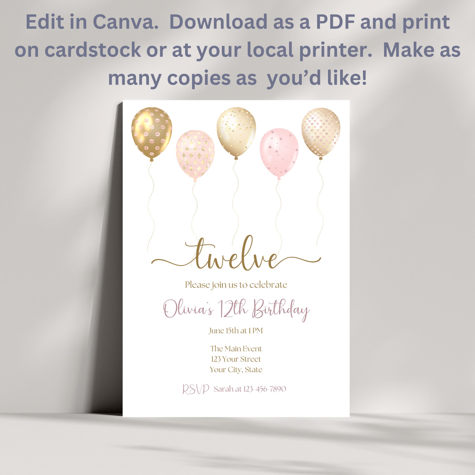 Editable 12th Birthday Invitation, Minimalist Twelve Party Celebration ...