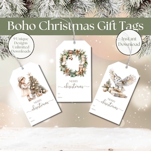 Printable Boho Christmas Gift Tags, Watercolor Merry Christmas Holiday ...