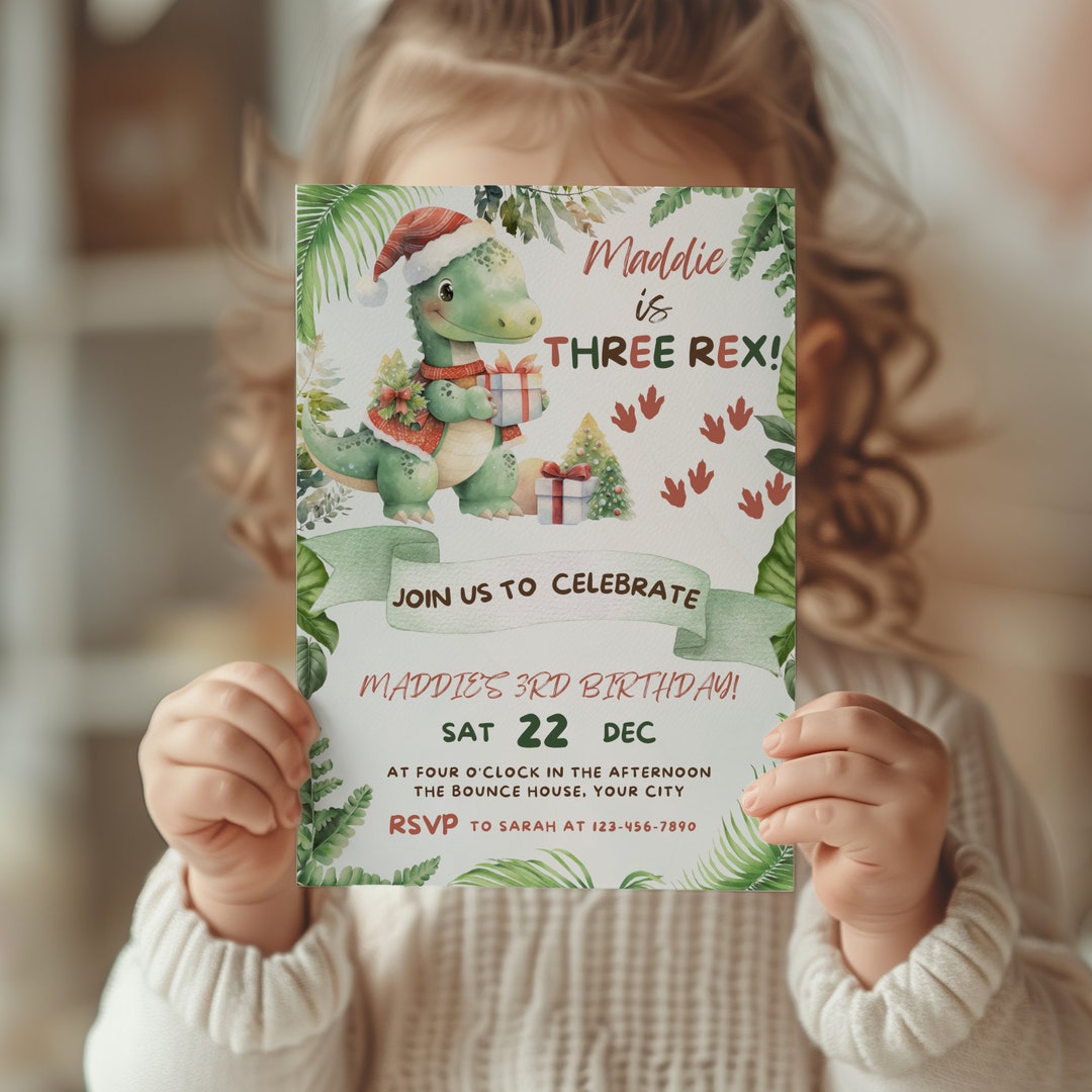 Editable Three Rex Girl Birthday Invitation, Christmas Winter December ...