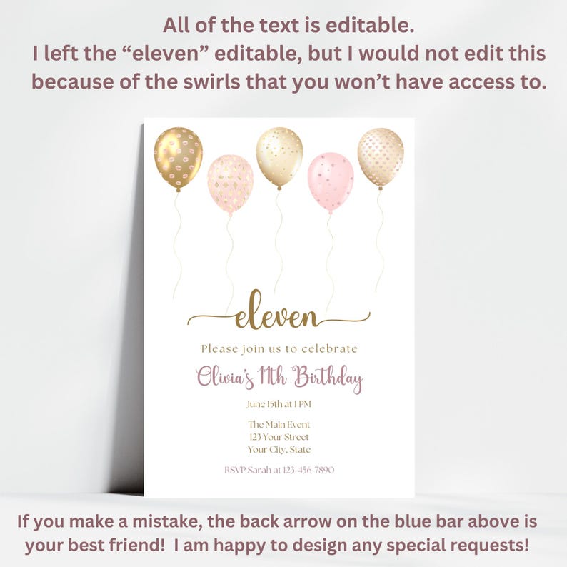 11th Birthday Invitation, Editable Pink Gold Glitter Birthday Party ...