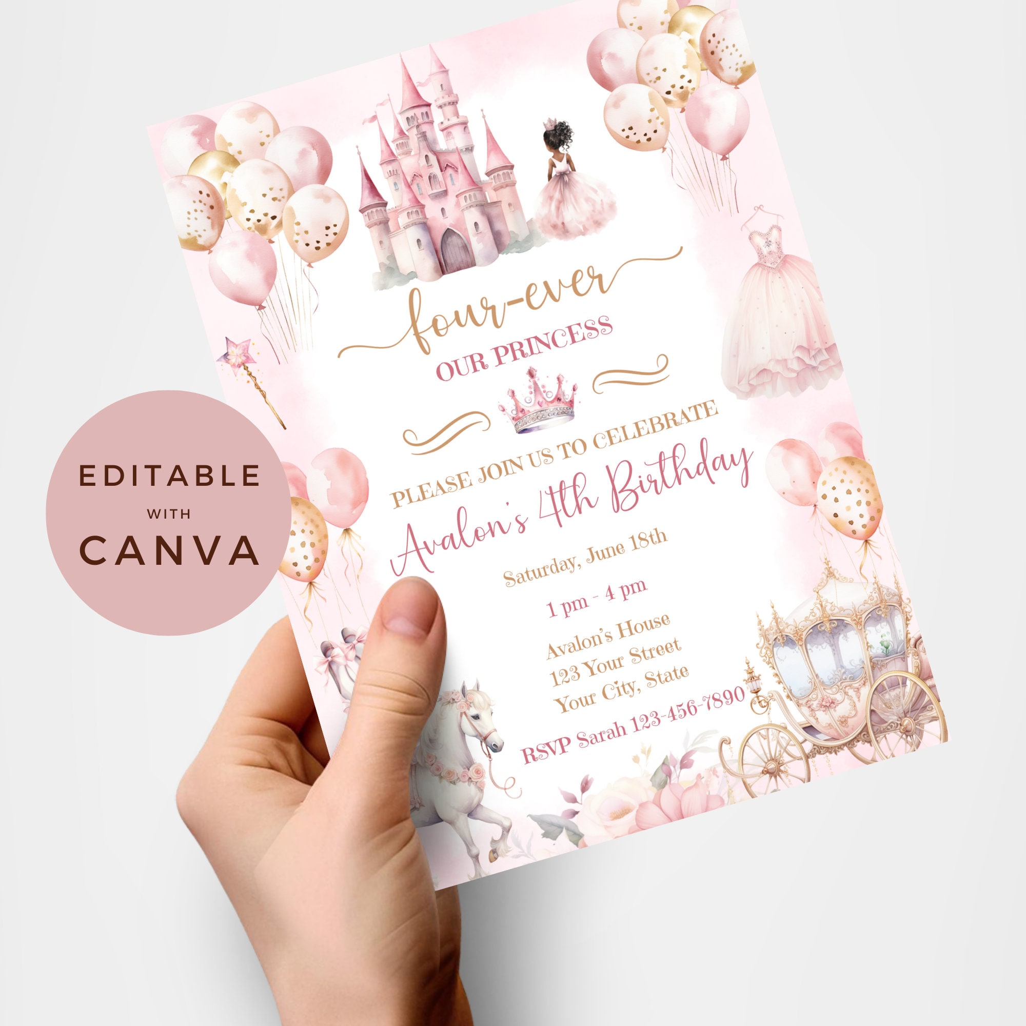 Editable Four-ever A Princess Birthday Invitation Template, Magical ...