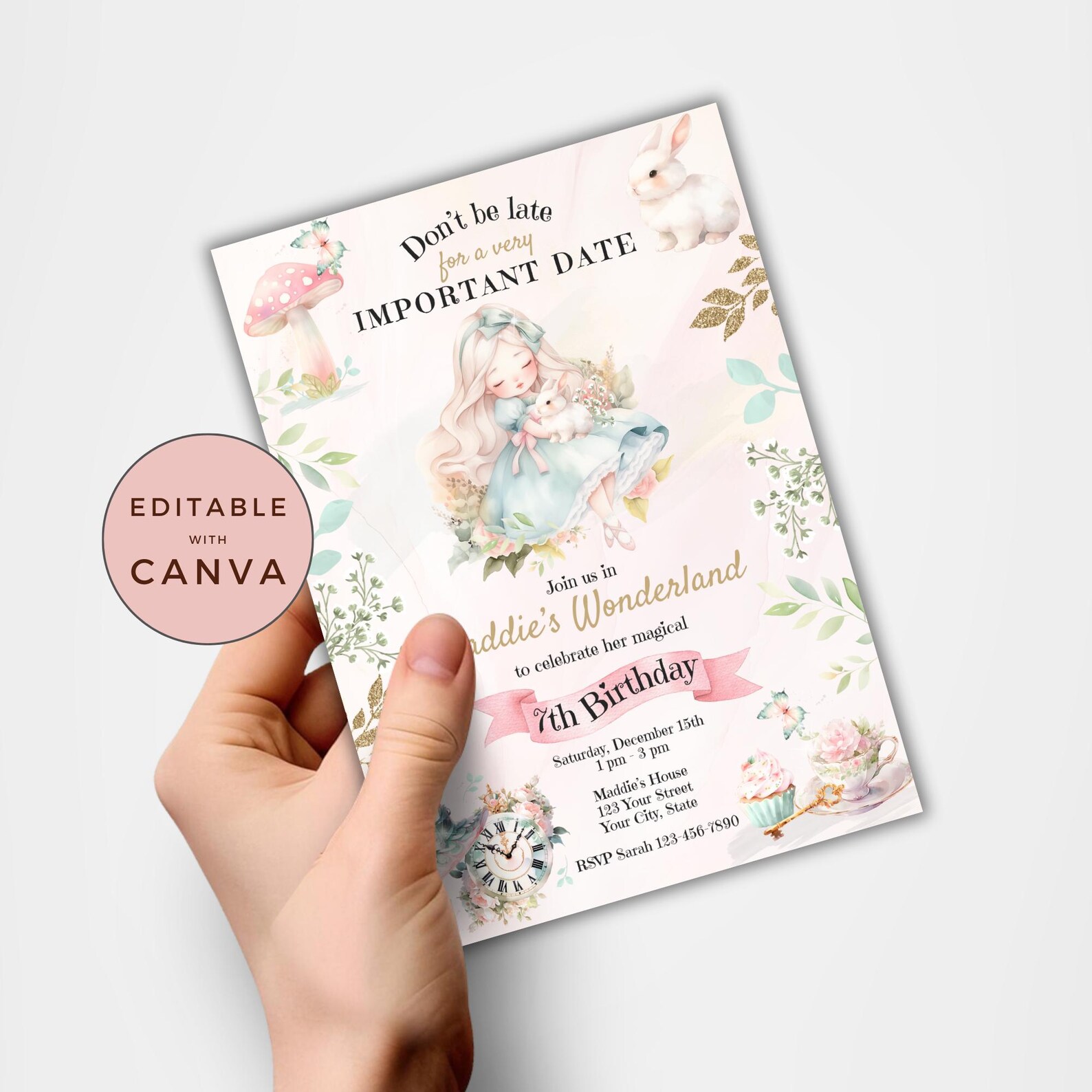 Editable Wonderland 7th Birthday Invitation, Printable Whimsical Mad ...
