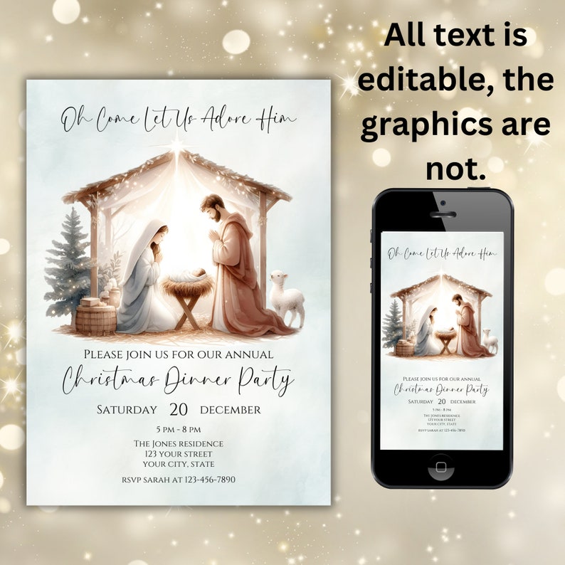 Editable Nativity Christmas Party Invitation, Religious Oh Come Let Us ...