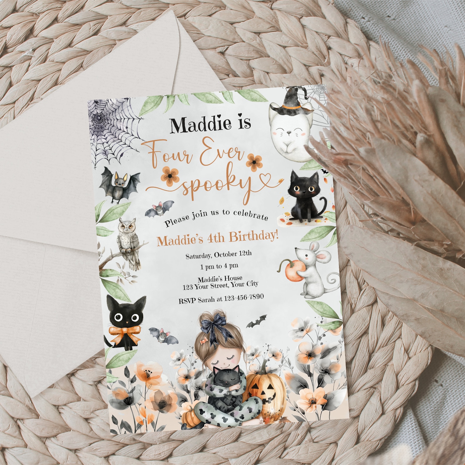 Four Ever Spooky Halloween 4th Birthday Invitation, Editable ...