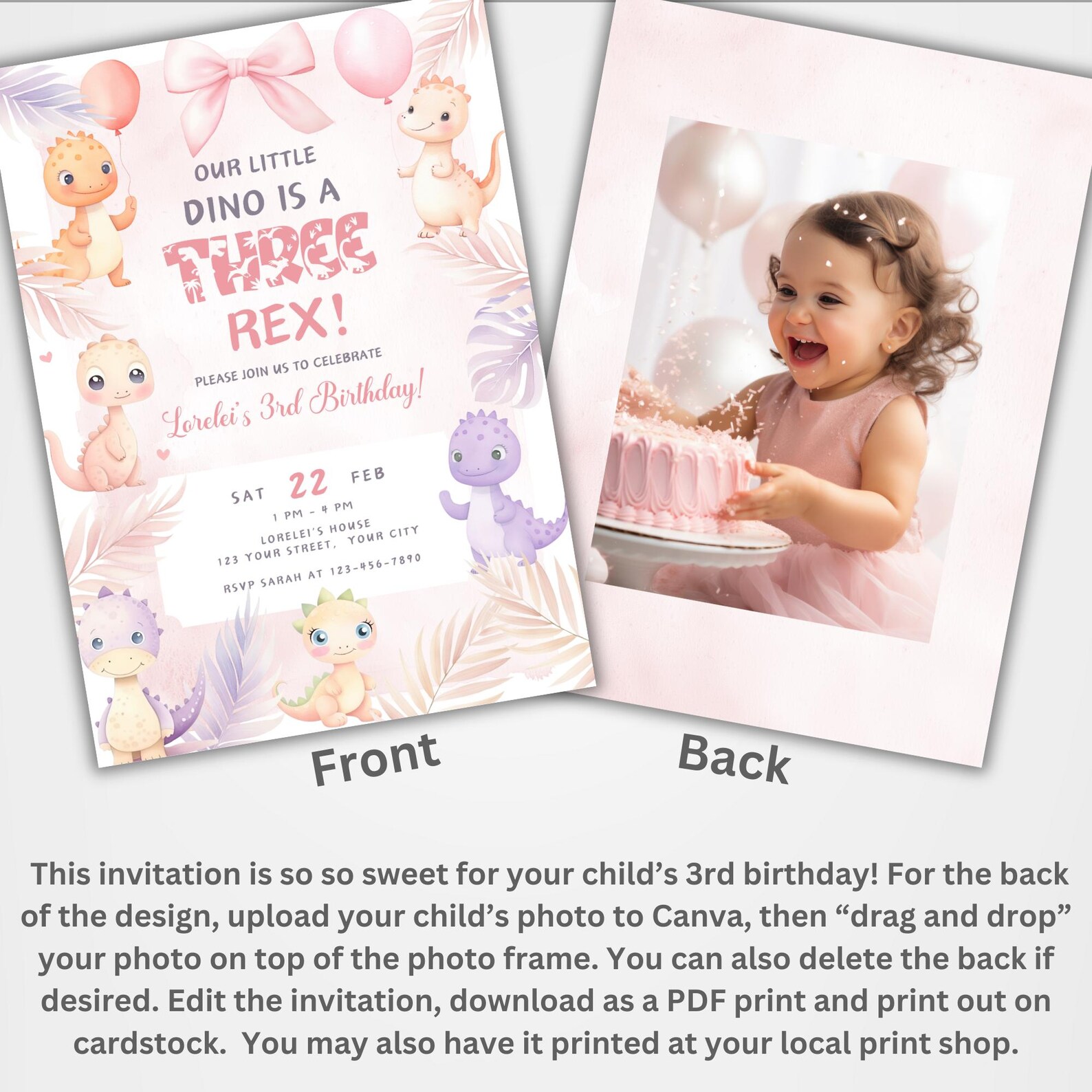 Editable Three Rex 3rd Birthday Invitation, Cute Dino Decor, Printable ...