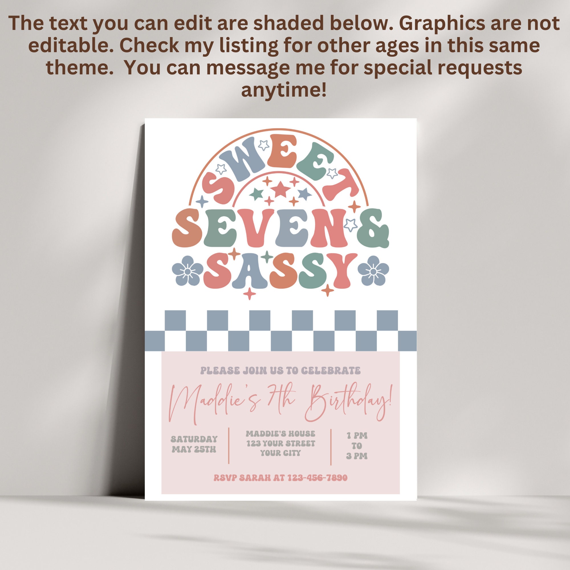 Editable Sweet Sassy and Seven Birthday Invitation, Girl 7th Birthday ...