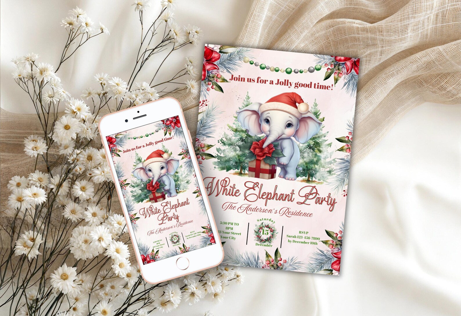 White Elephant Christmas Party Invitation, Editable Canva Invite ...