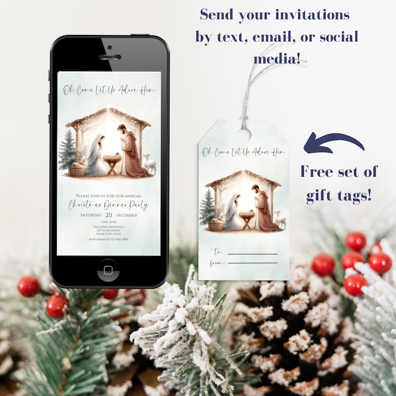 Editable Nativity Christmas Party Invitation, Religious Oh Come Let Us Adore Him Invite, Church ...