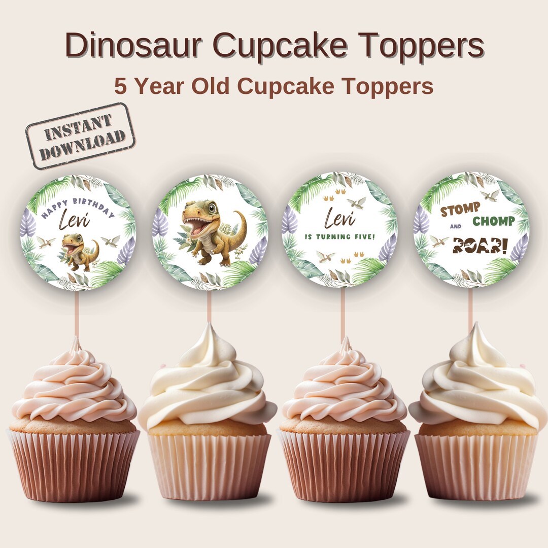 Printable Dinosaur Cupcake Toppers, T Rex Dino Party Decor Boy 5th ...